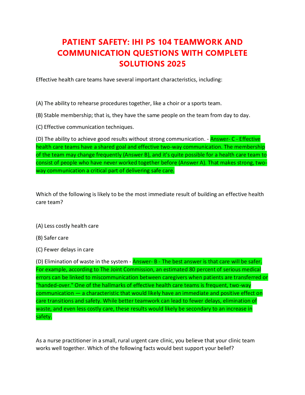 PATIENT SAFETY: IHI PS 104 TEAMWORK AND COMMUNICATION QUESTIONS WITH ...