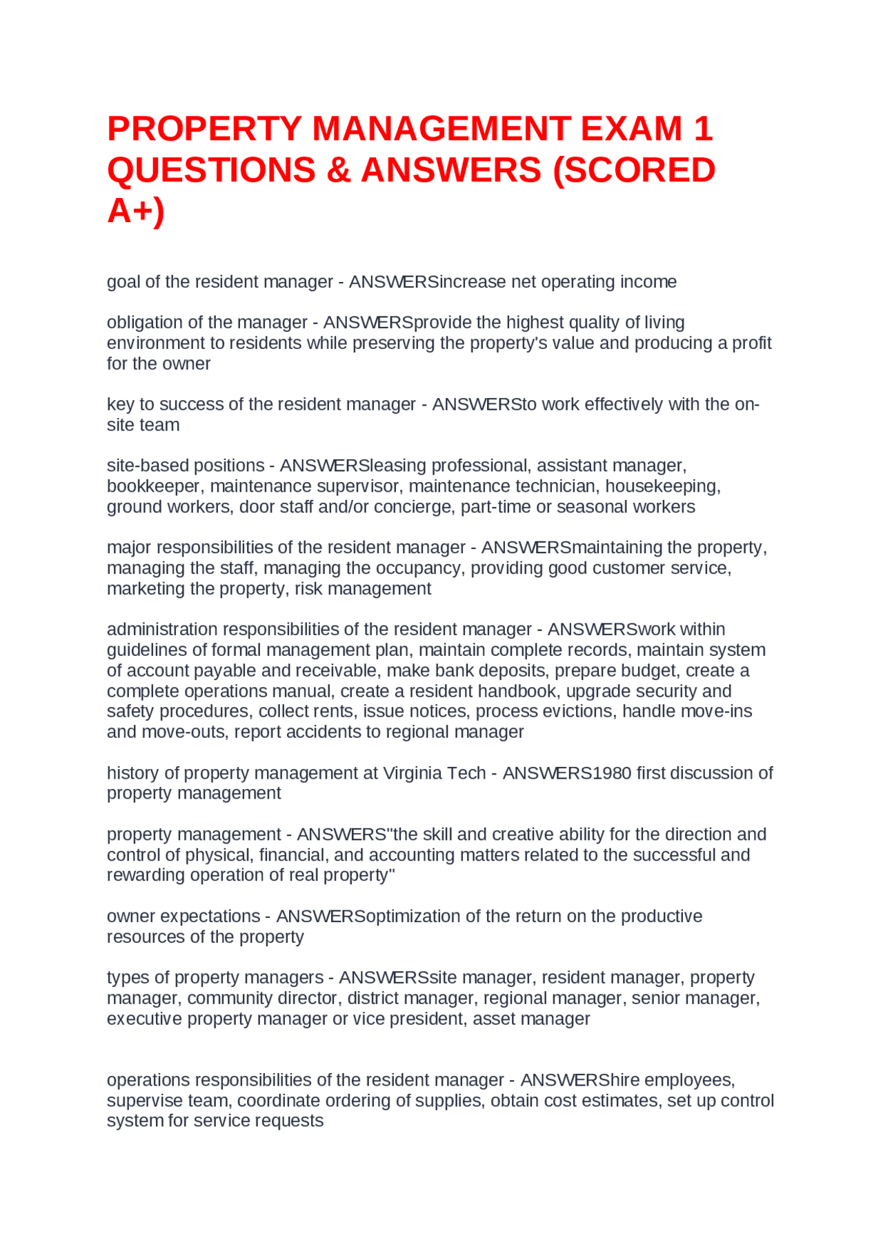PROPERTY MANAGEMENT EXAM 1 QUESTIONS & ANSWERS (SCORED A+) | Exams ...