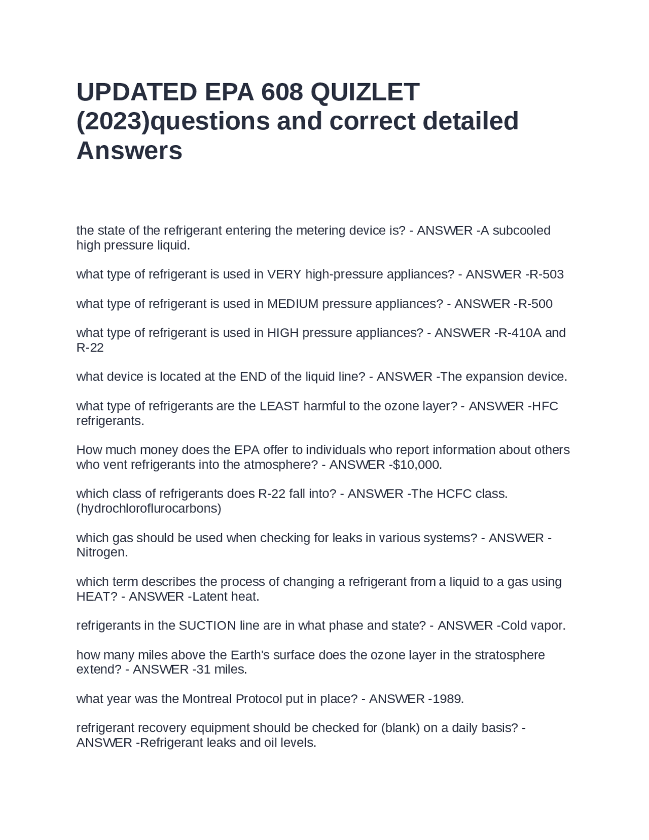 UPDATED EPA 608 QUIZLET (2023)questions and correct detailed Answers ...