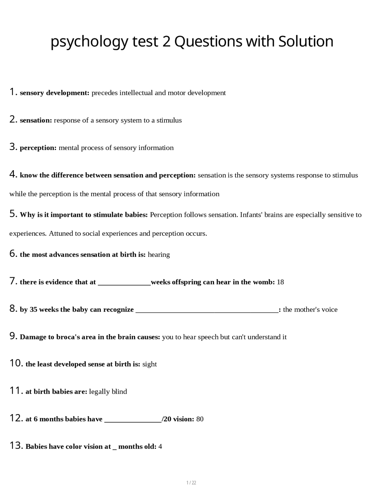 psychology test 2 Questions with Solution | Exams Psychology | Docsity