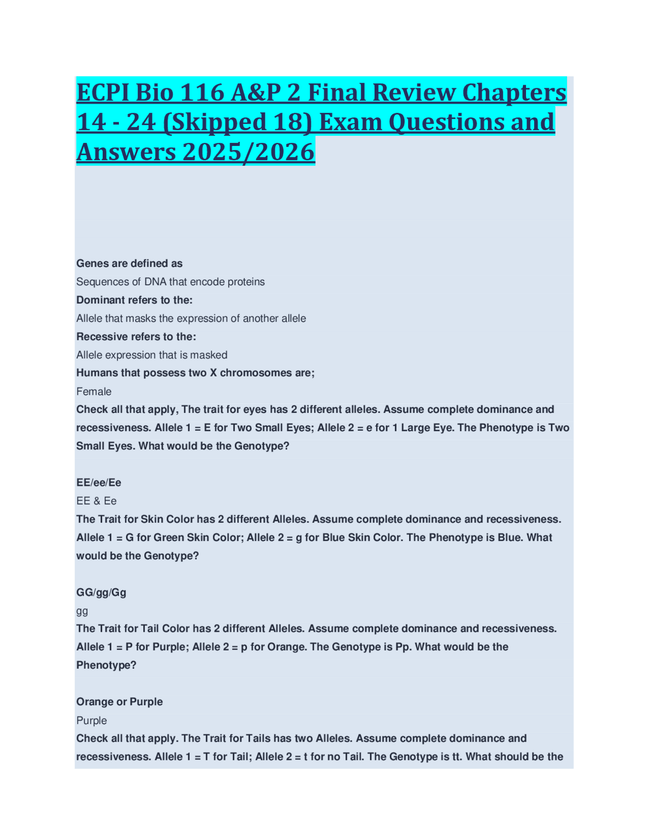 ECPI Bio 116 A&P 2 Final Review: Chapters 14-24 (Excluding 18) Exam ...
