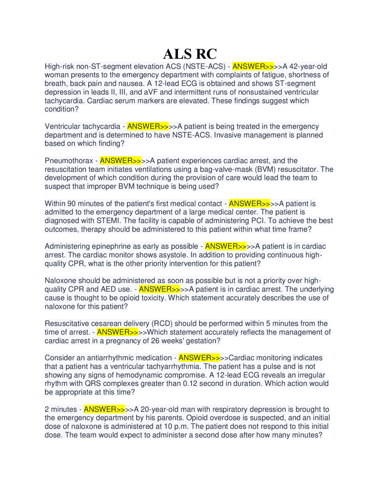 ALS RC questions with solved solutions | Exams Nursing | Docsity