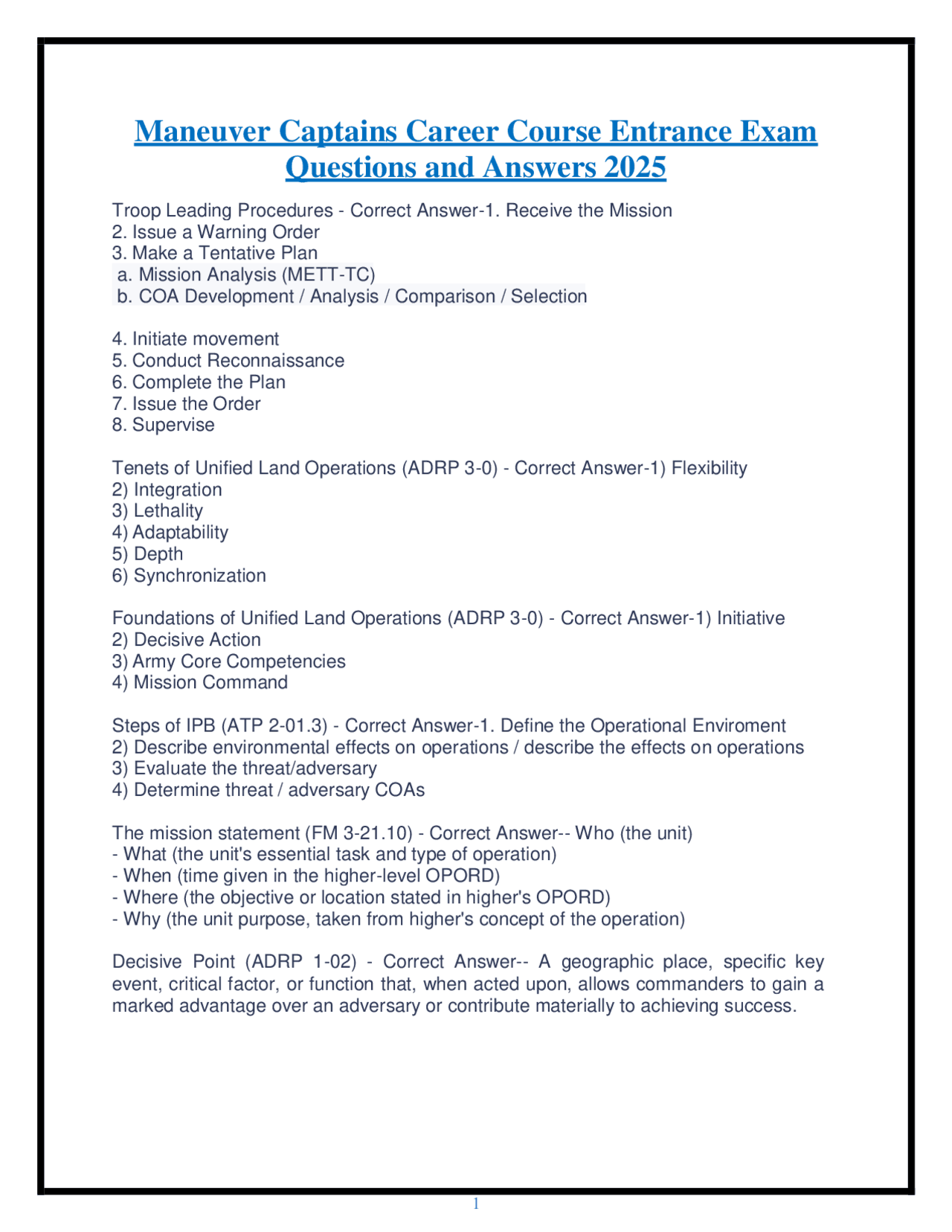 Maneuver Captains Career Course Entrance Exam Questions and Answers ...