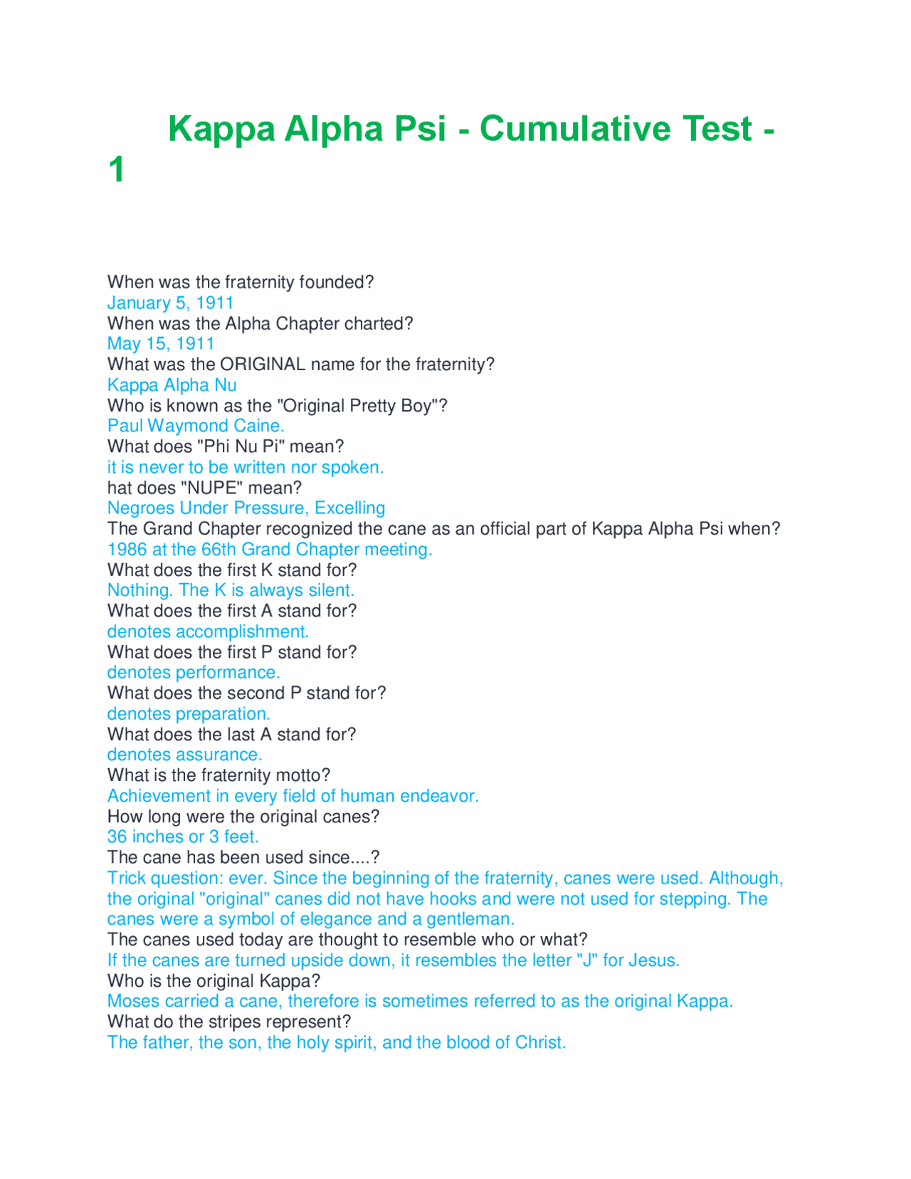 Kappa Alpha Psi - Cumulative Test - 1 questions and answers 100% ...