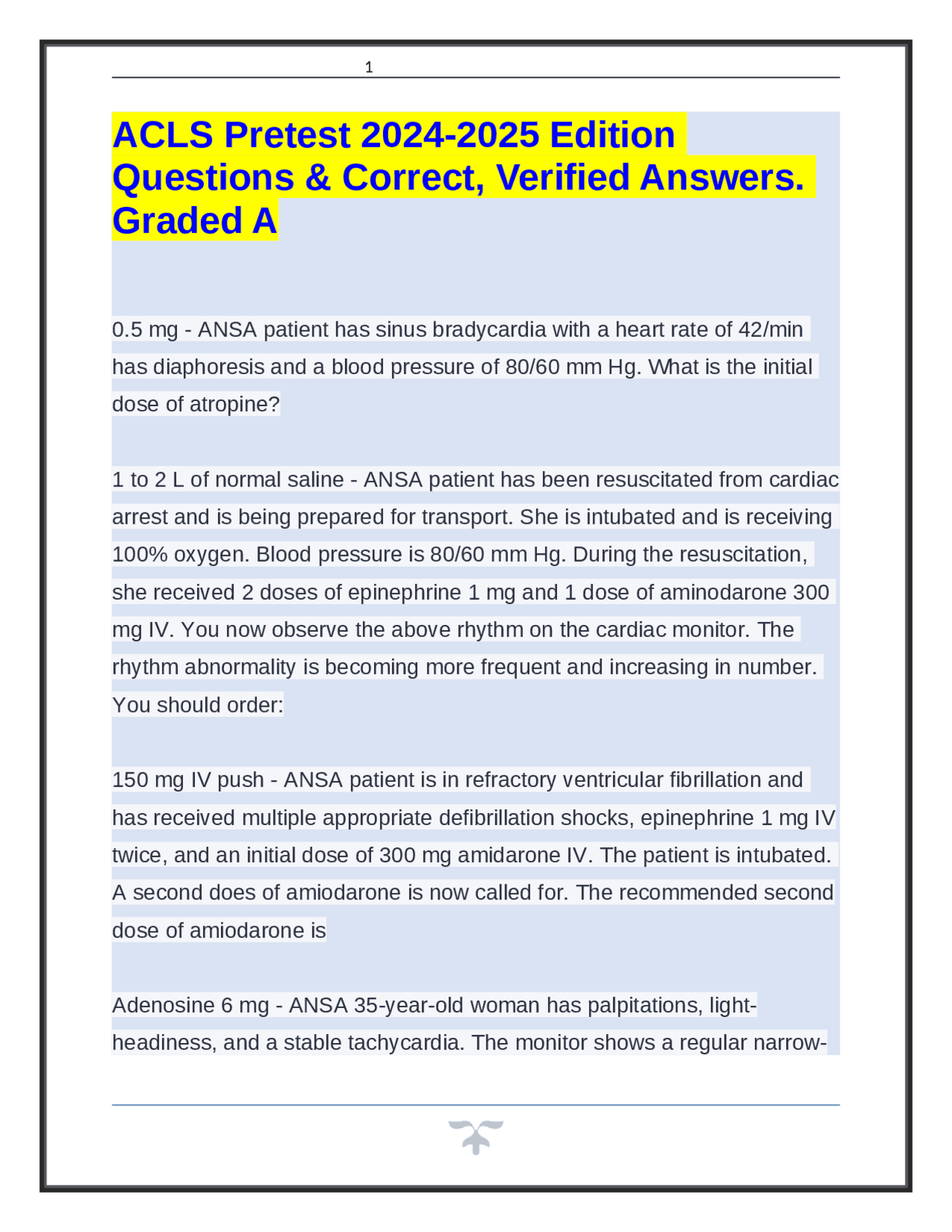 ACLS Pretest 2024-2025 Edition Questions & Correct, Verified Answers ...