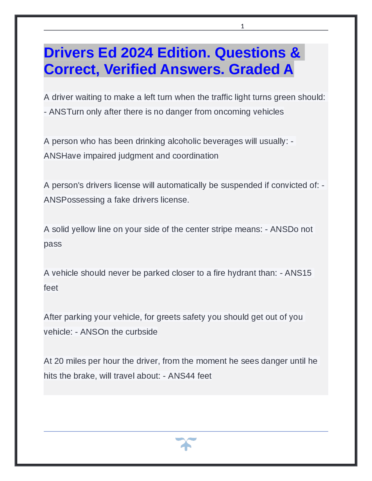 Drivers Ed 2024 Edition. Questions & Correct, Verified Answers. Graded ...