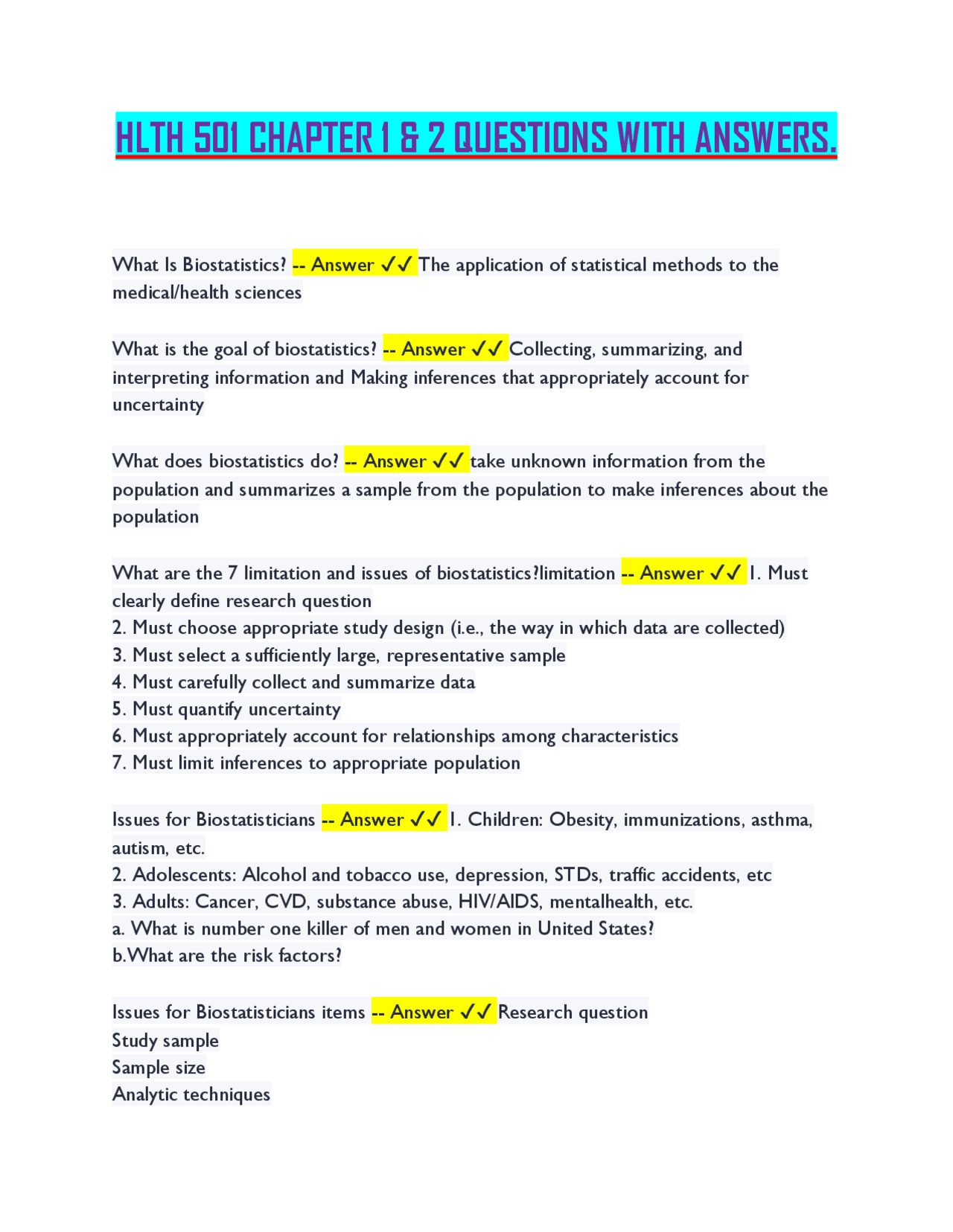 HLTH 501 CHAPTER 1 & 2 QUESTIONS AND ANSWERS. | Exams Biostatistics | Docsity