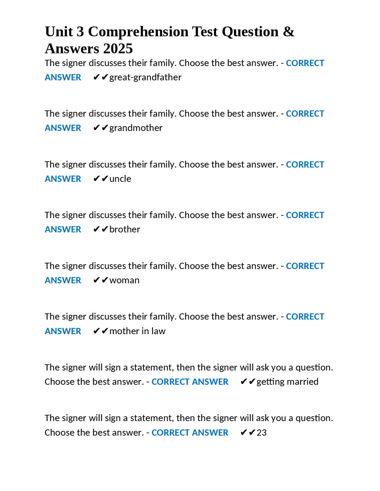 Unit 3 Comprehension Test Question & Answers 2025 | Exams Nursing | Docsity