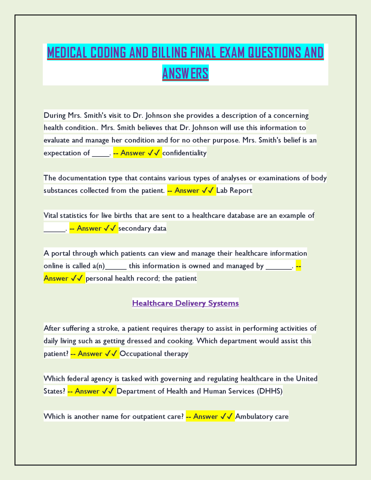 MEDICAL CODING & BILLING FINAL EXAM QUESTIONS AND ANSWERS | Exams ...