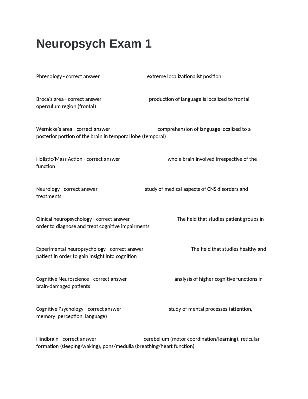 Neuropsych Exam 1 With Correct Detailed Answers | Exams Nursing | Docsity
