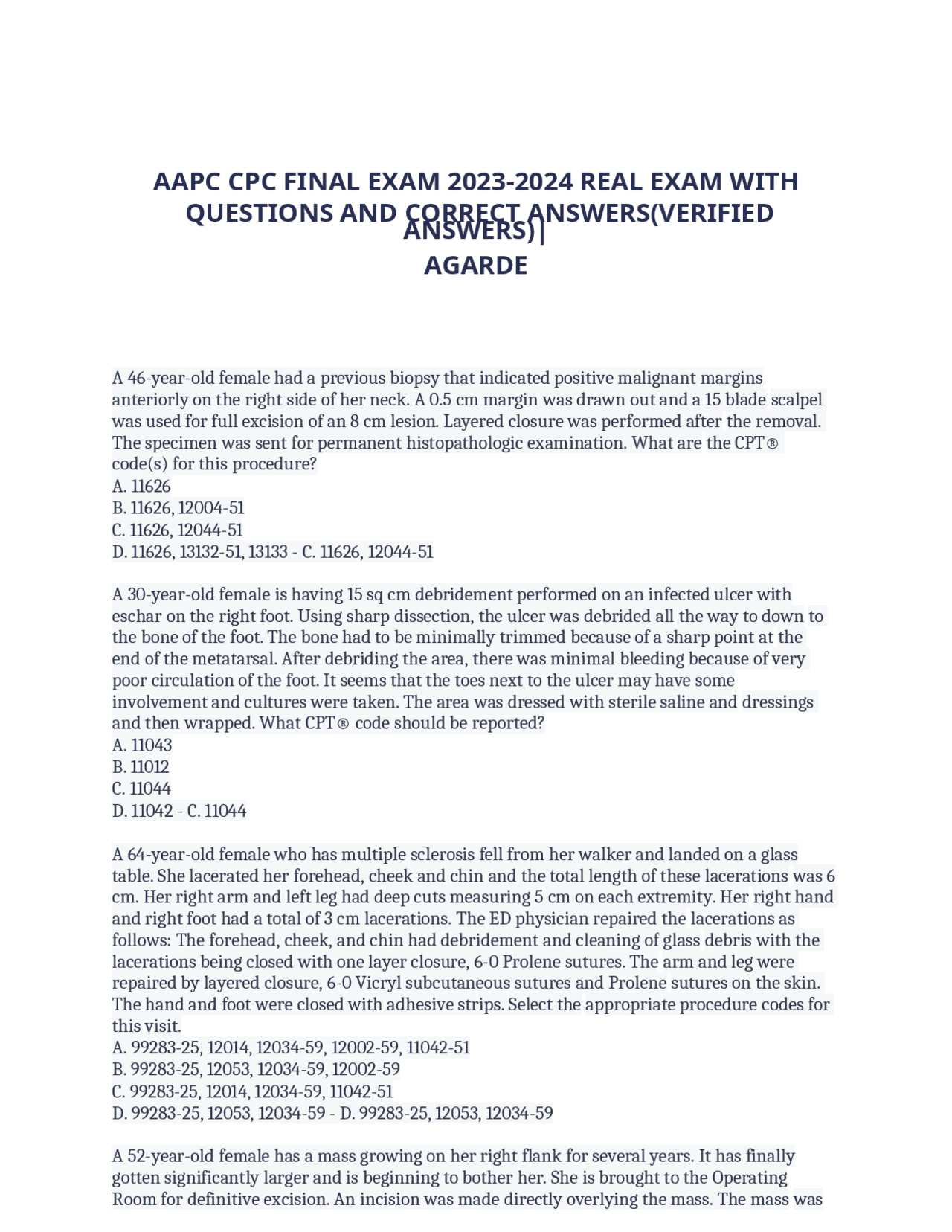AAPC CPC FINAL EXAM 2023-2024 REAL EXAM WITH QUESTIONS AND CORRECT ANSWERS(VERIFIED ANSWER ...