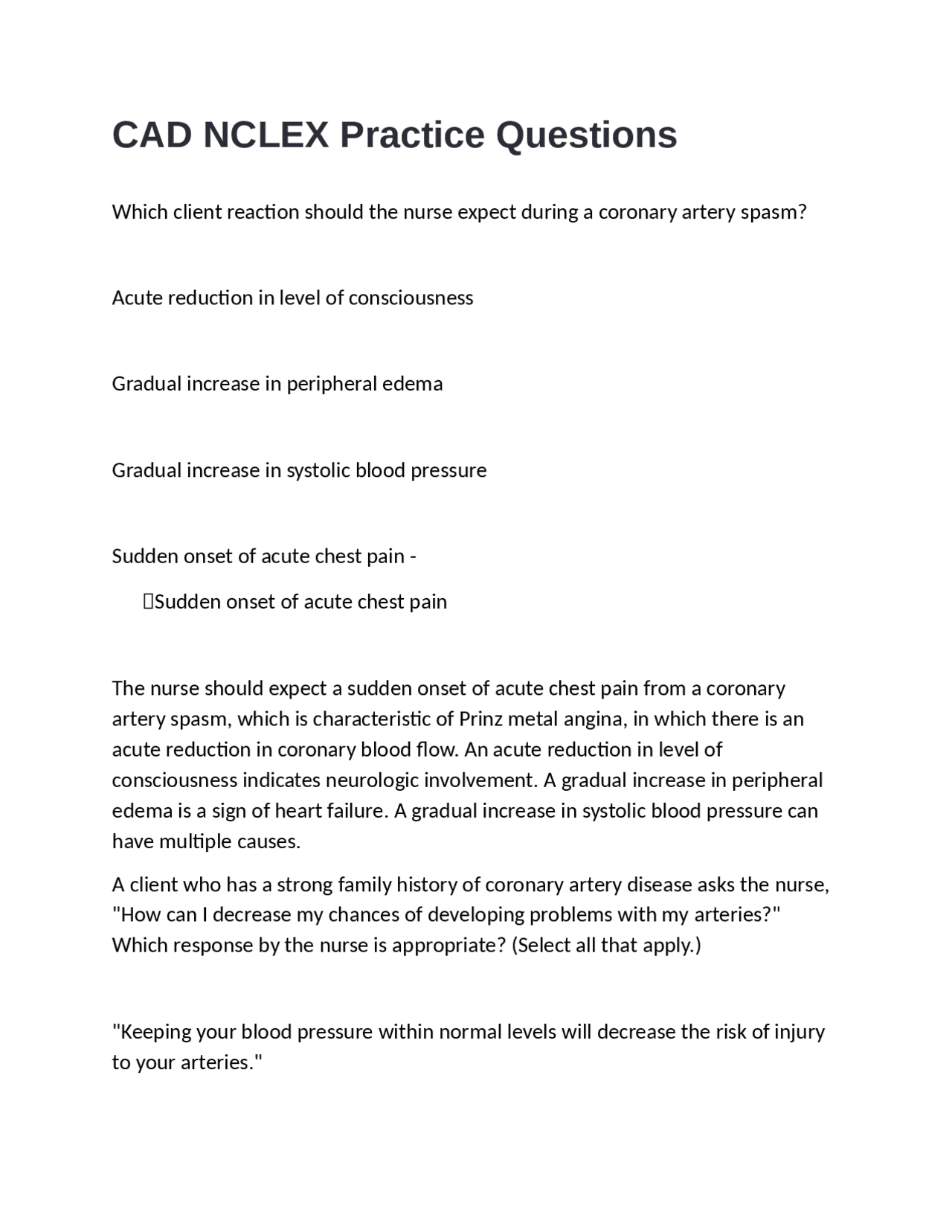 NCLEX Practice Questions: Coronary Artery Disease | Exams Nursing | Docsity