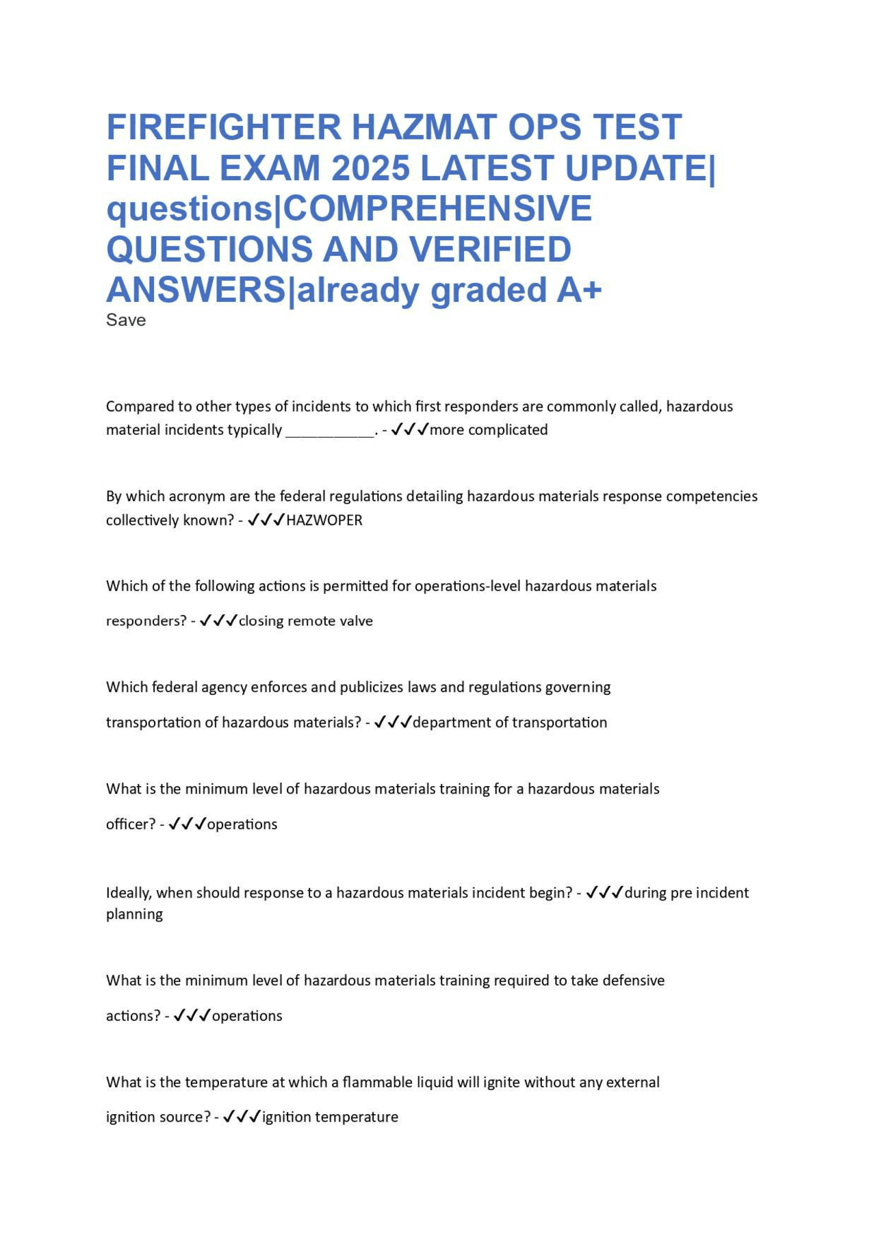 FIREFIGHTER HAZMAT OPS TEST FINAL EXAM 2025 LATEST UPDATE| questions ...