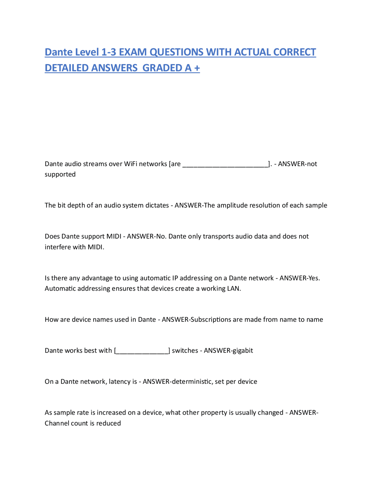 Dante Level 1-3 EXAM QUESTIONS WITH ACTUAL CORRECT DETAILED ANSWERS ...