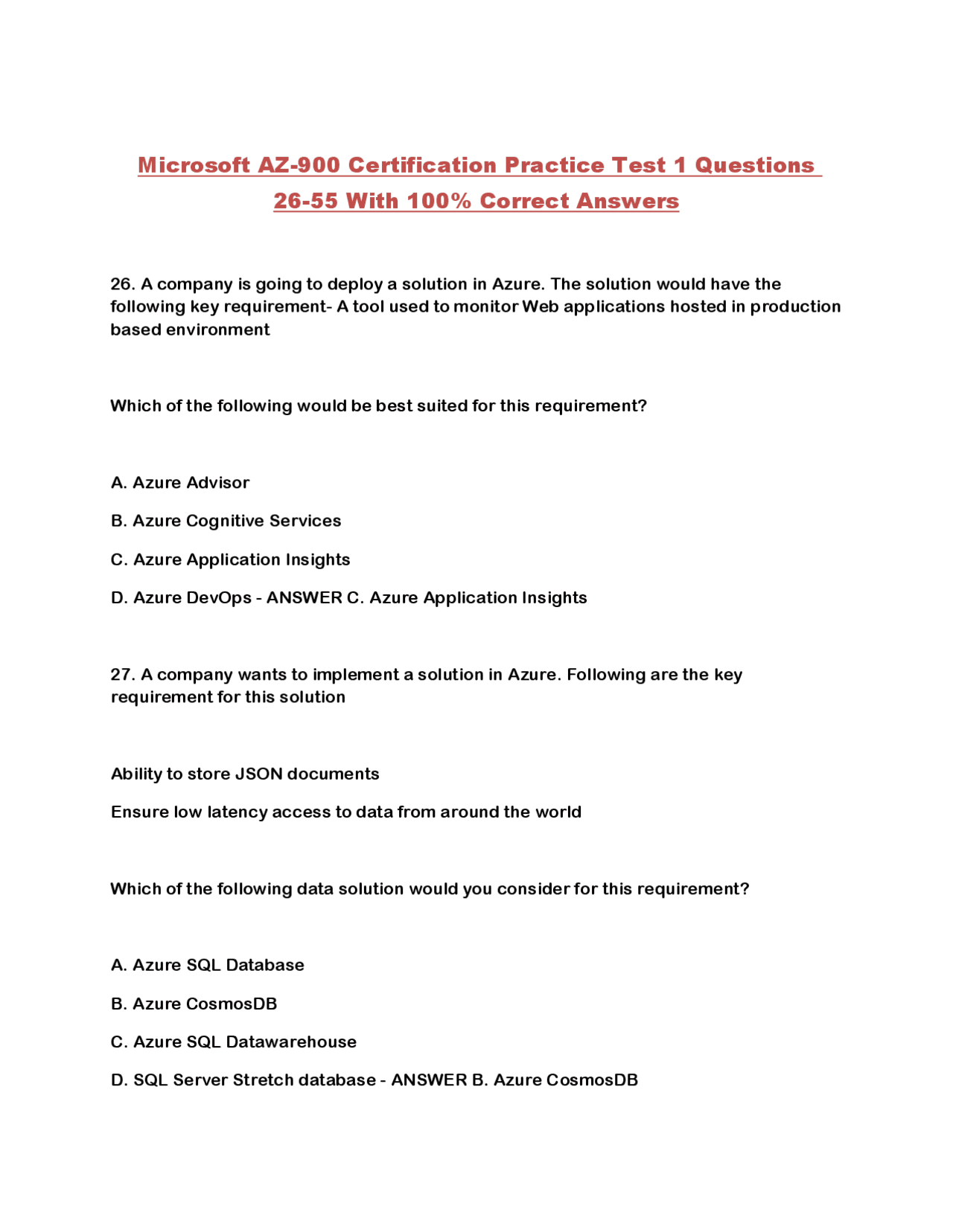 Microsoft AZ-900 Certification Practice Test 1 Questions 26-55 With 100 ...
