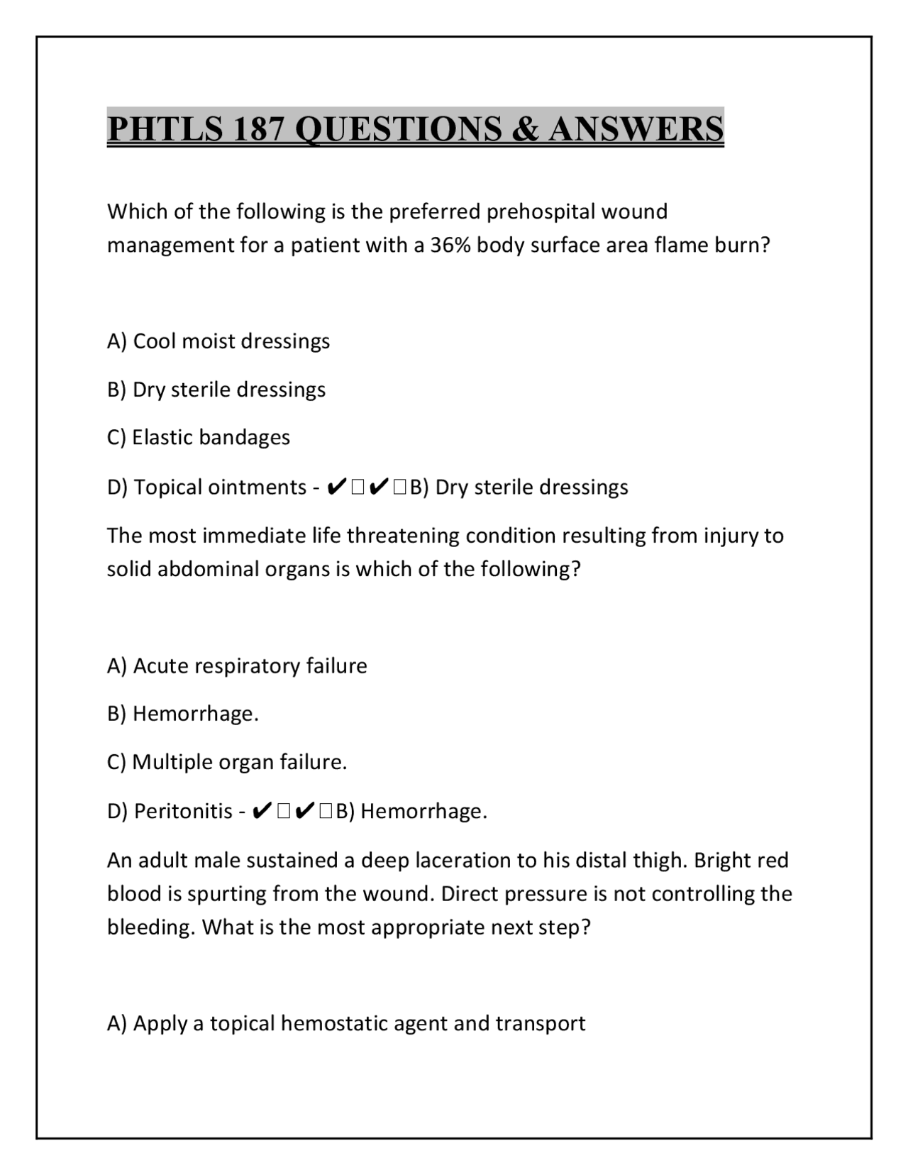 PHTLS 187 QUESTIONS & ANSWERS| Official Answer Sheet Guide For Success ...