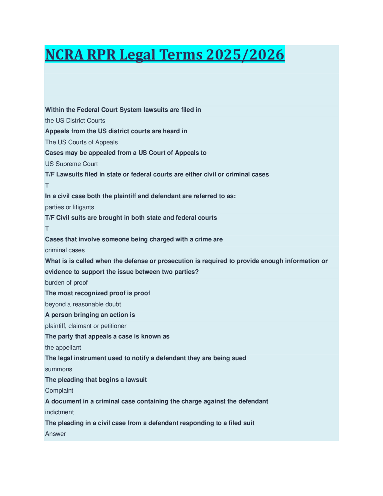 Legal Terms for NCRA RPR: A Glossary for 2025/2026 | Exams Law | Docsity