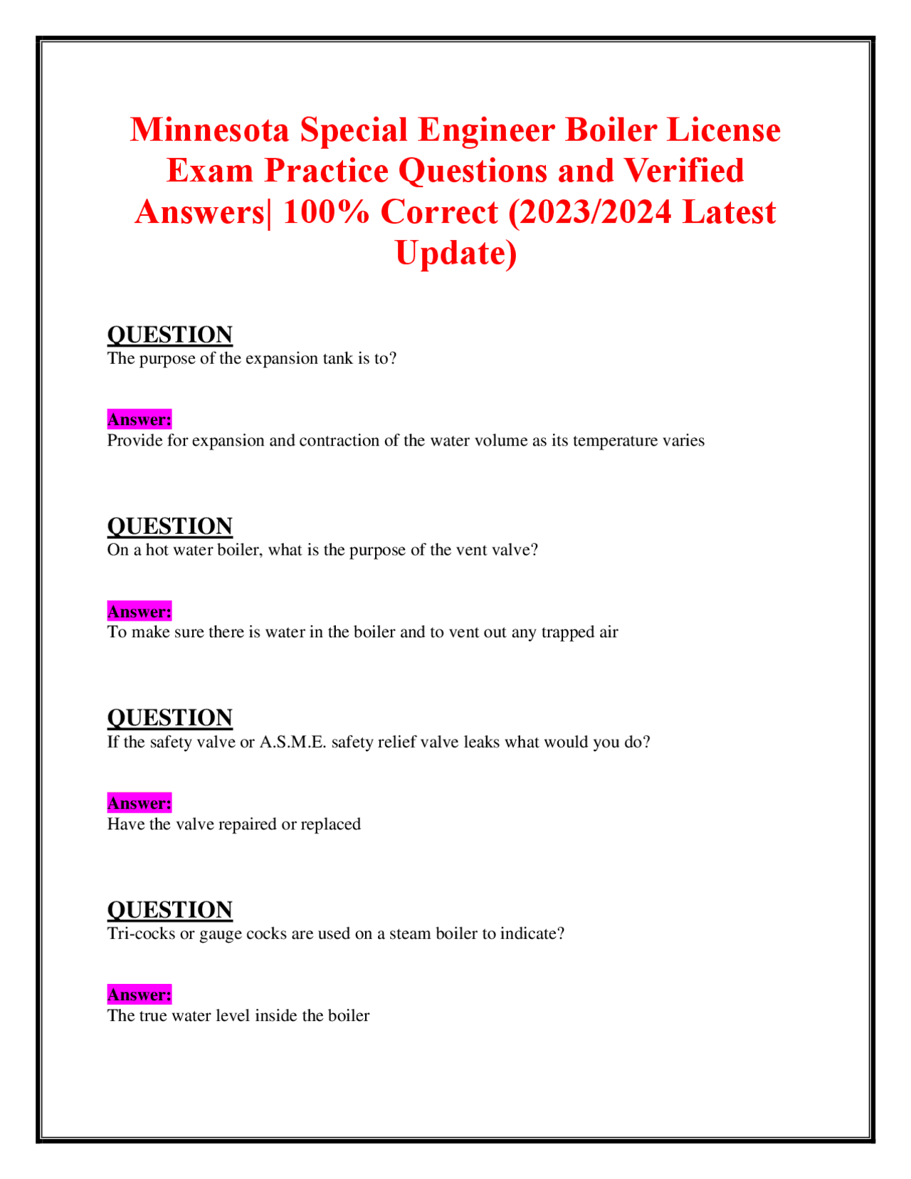 Minnesota Special Engineer Boiler License Exam Practice Questions and ...