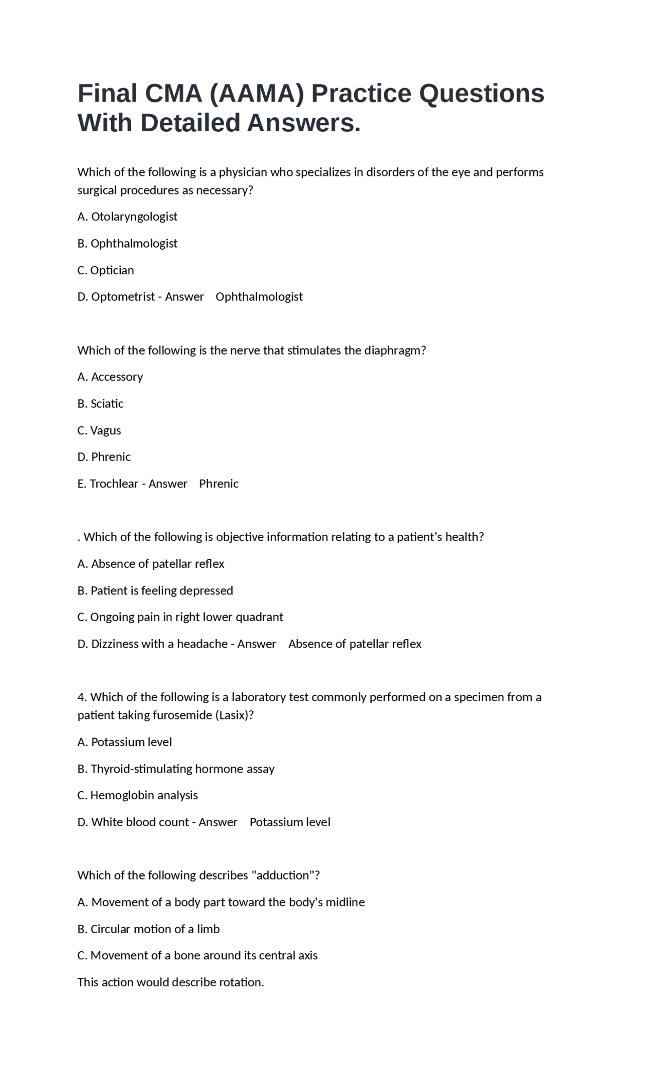 Final CMA (AAMA) Practice Questions with Detailed Answers | Exams ...