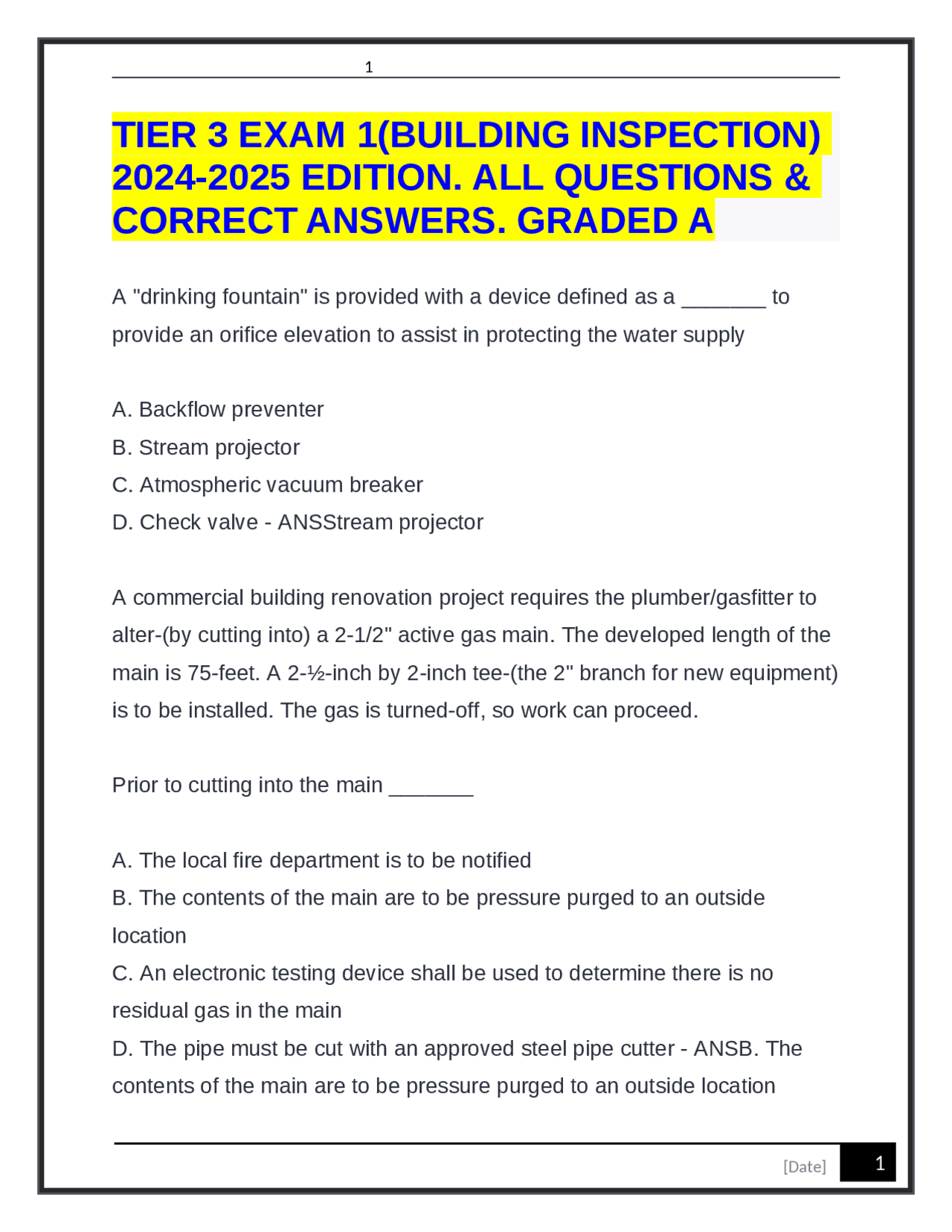 TIER 3 EXAM 1(BUILDING INSPECTION) 2024-2025 EDITION. ALL QUESTIONS ...