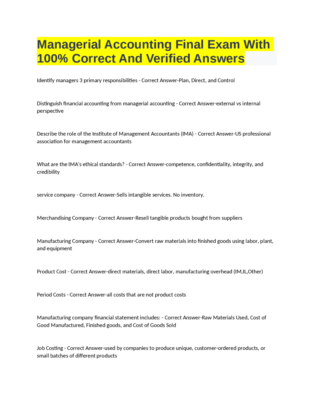Managerial Accounting Final Exam Questions and Answers | Exams Advanced Education | Docsity