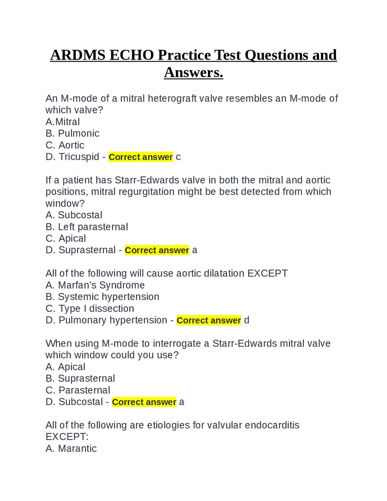 ARDMS ECHO Practice Test Questions and Answers. | Exams Nursing | Docsity