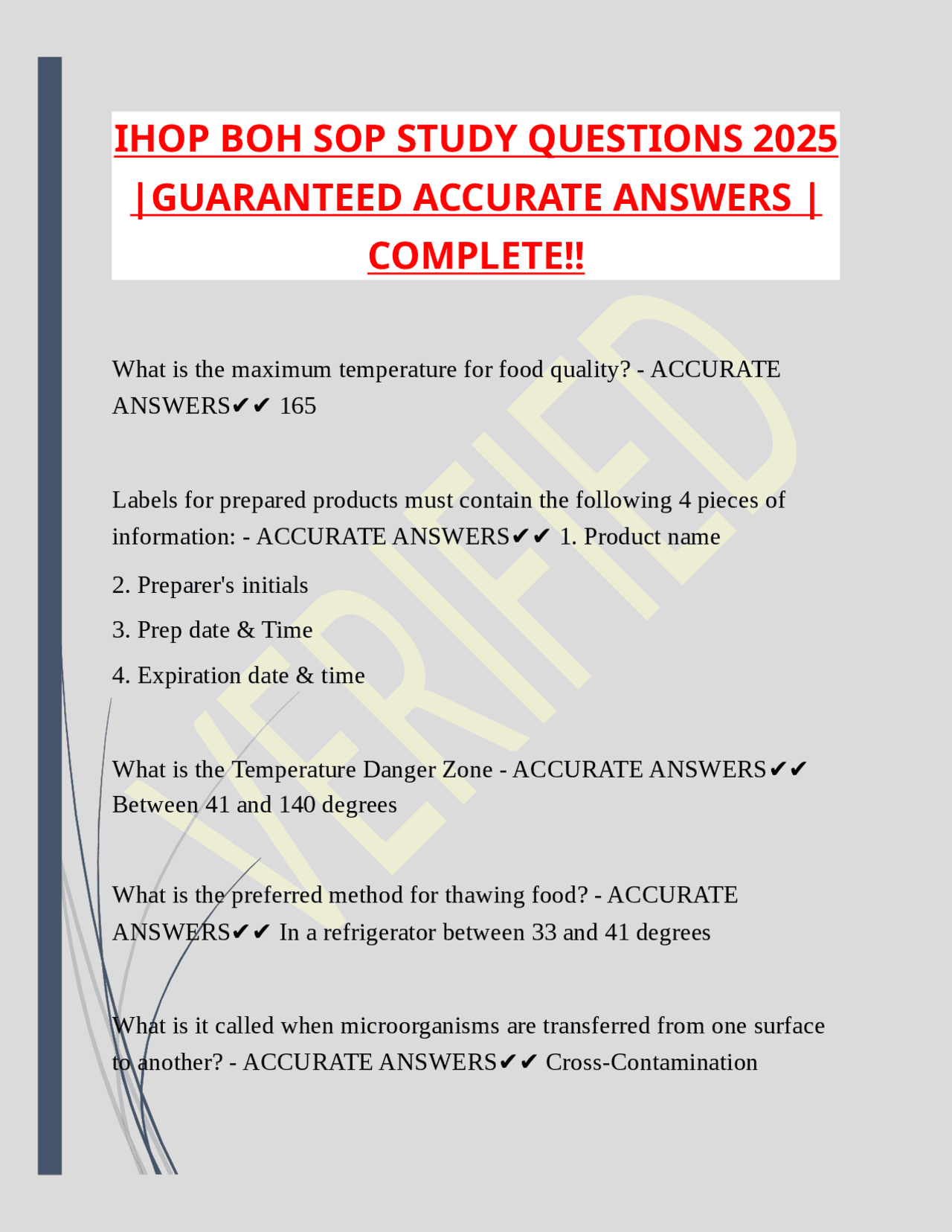 IHOP BOH SOP STUDY QUESTIONS 2025 |GUARANTEED ACCURATE ANSWERS ...