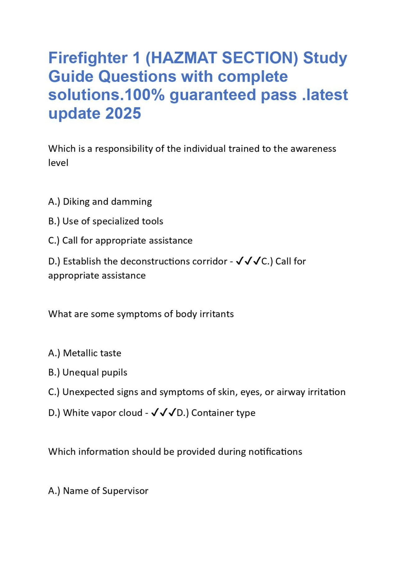 Firefighter 1 (HAZMAT SECTION) Study Guide Questions with complete solutions.100% guarante ...