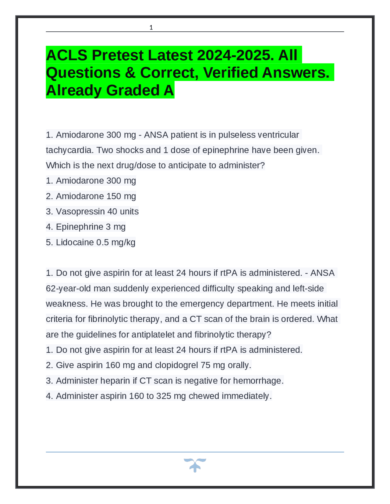 ACLS Pretest Latest 2024-2025. All Questions & Correct, Verified ...