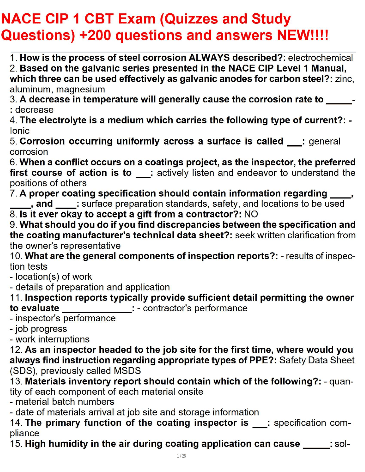 NACE CIP 1 CBT Exam (Quizzes and Study Questions) +200 questions and answers NEW!!!!.pdf | Exams ...