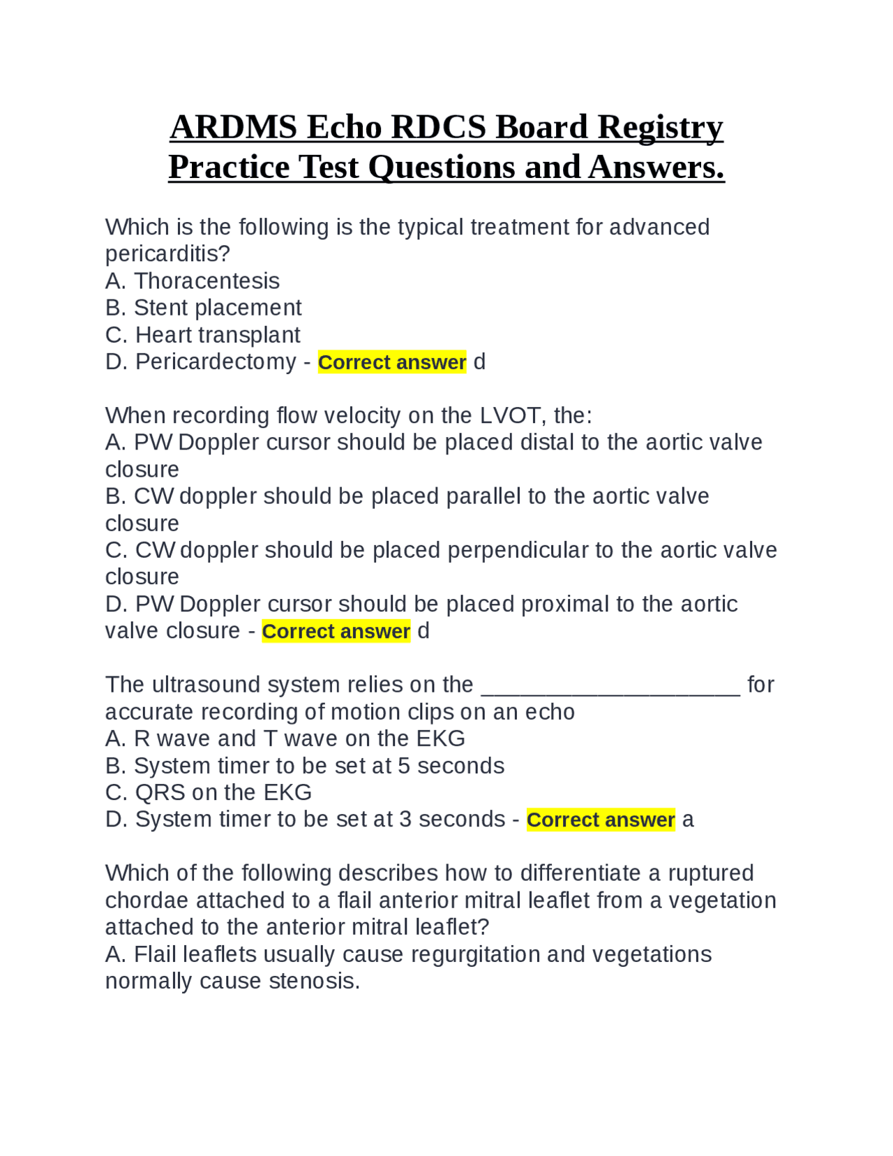 ARDMS Echo RDCS Board Registry Practice Test Questions and Answers ...