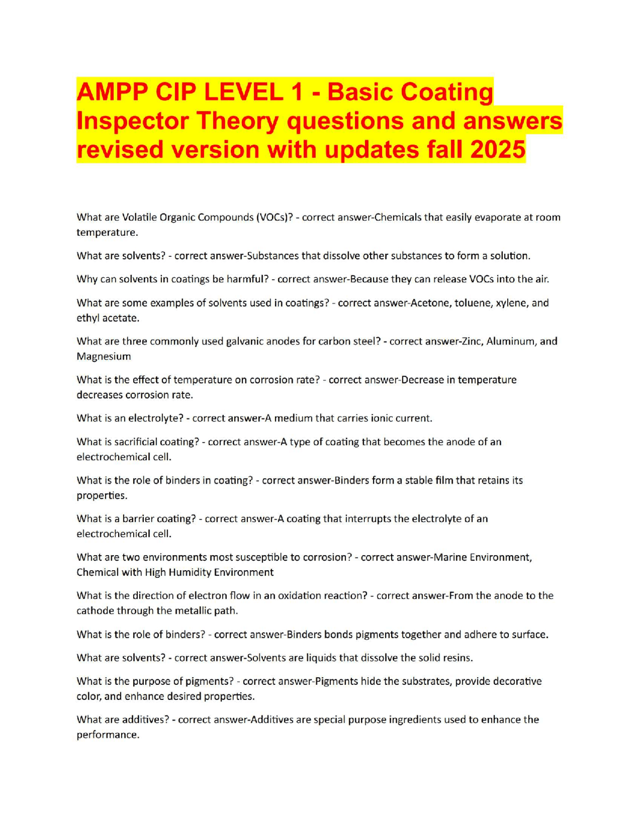 AMPP CIP LEVEL 1 - Basic Coating Inspector Theory questions and answers revised version wi ...
