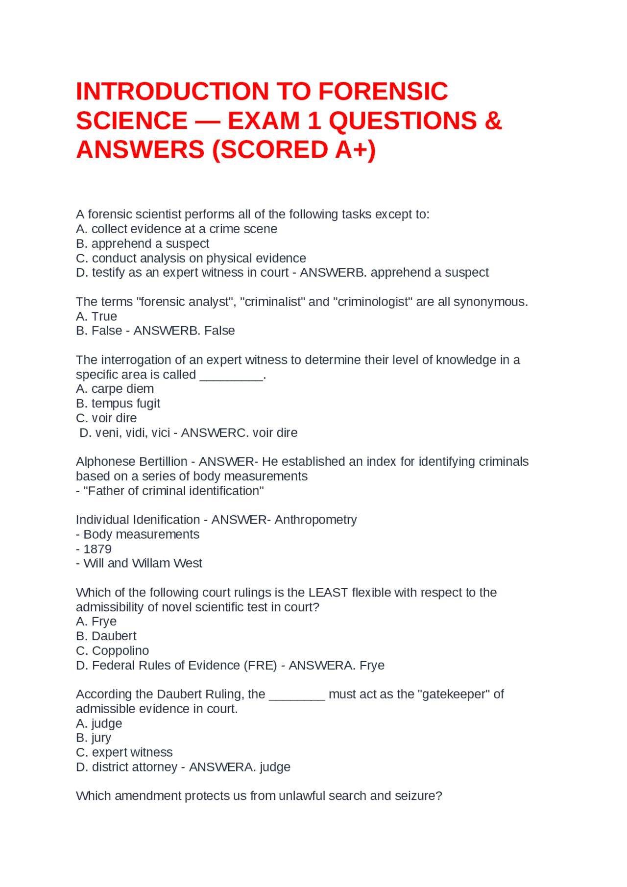 INTRODUCTION TO FORENSIC SCIENCE — EXAM 1 QUESTIONS & ANSWERS (SCORED ...