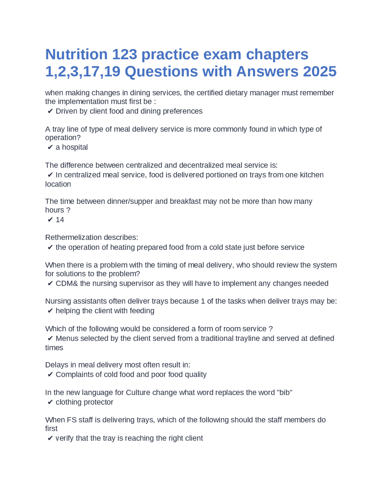 Nutrition 123 practice exam chapters 1,2,3,17,19 Questions with Answers ...