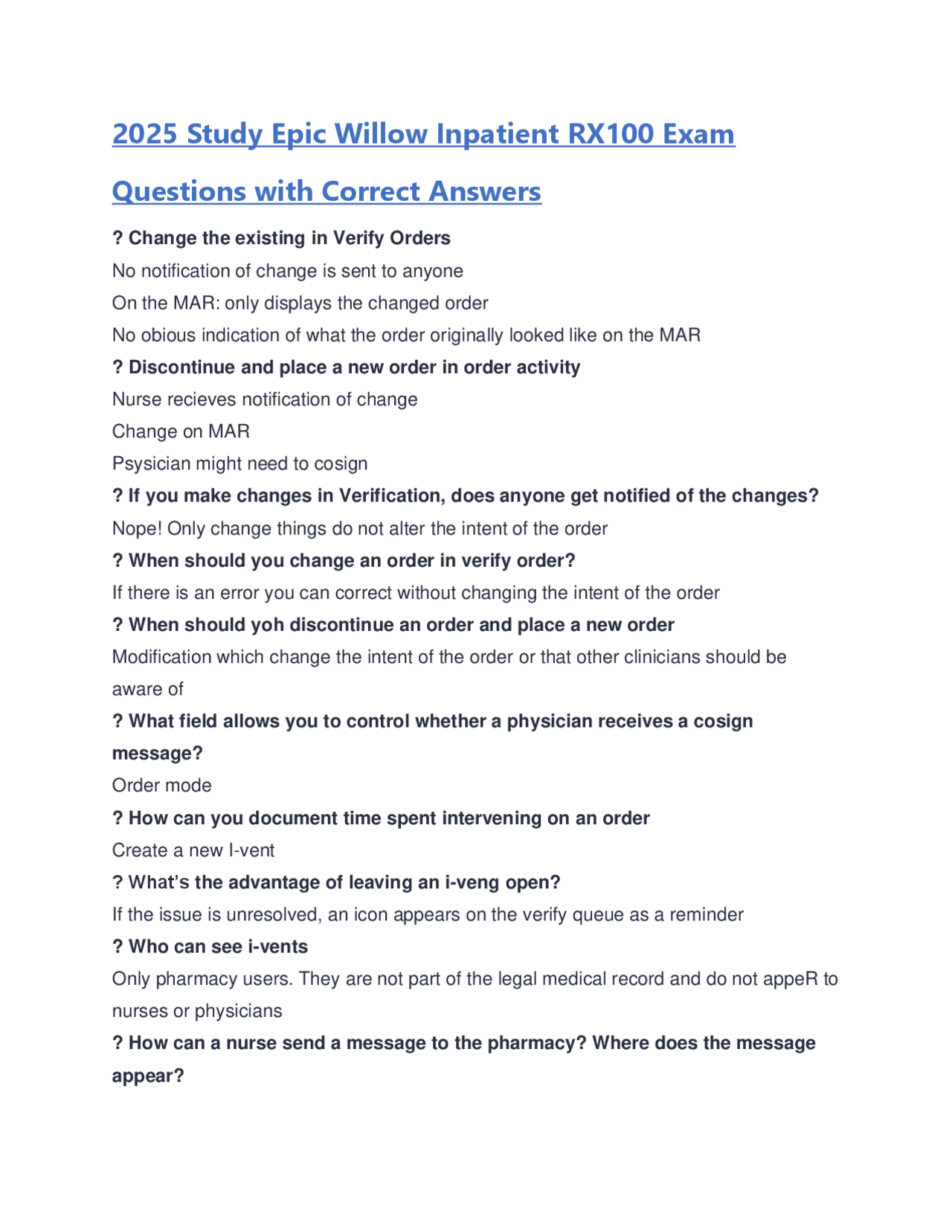 Epic Willow Inpatient RX100 Exam Questions and Answers | Exams Public ...
