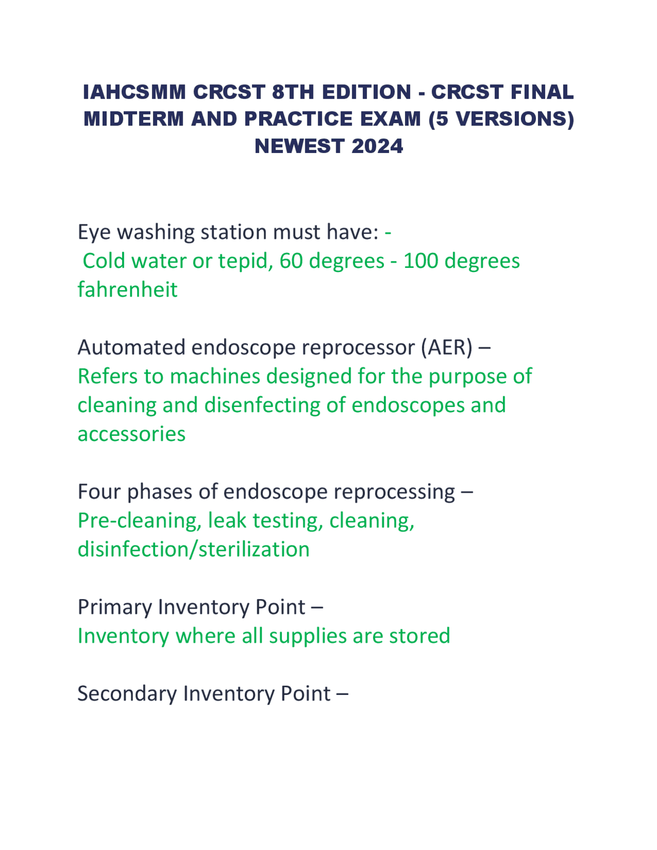 IAHCSMM CRCST 8th Edition - CRCST Final Midterm and Practice Exam (5 ...