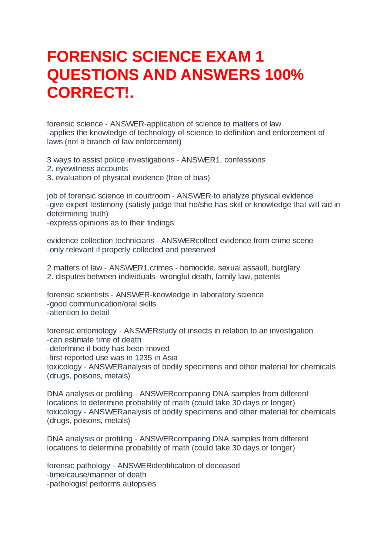FORENSIC SCIENCE EXAM 1 QUESTIONS AND ANSWERS 100% CORRECT!. | Exams Forensics | Docsity