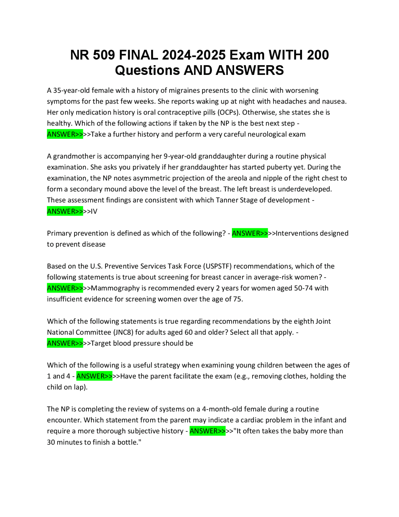 NR 509 FINAL 2024-2025 Exam WITH 200 Questions AND ANSWERS | Exams Nursing | Docsity