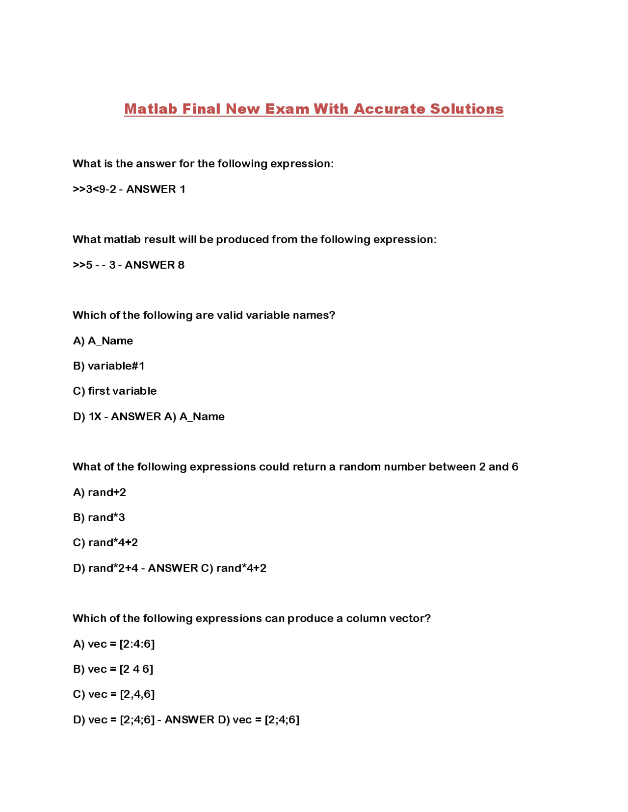 Matlab Final Exam: Comprehensive Exercises and Solutions | Exams ...