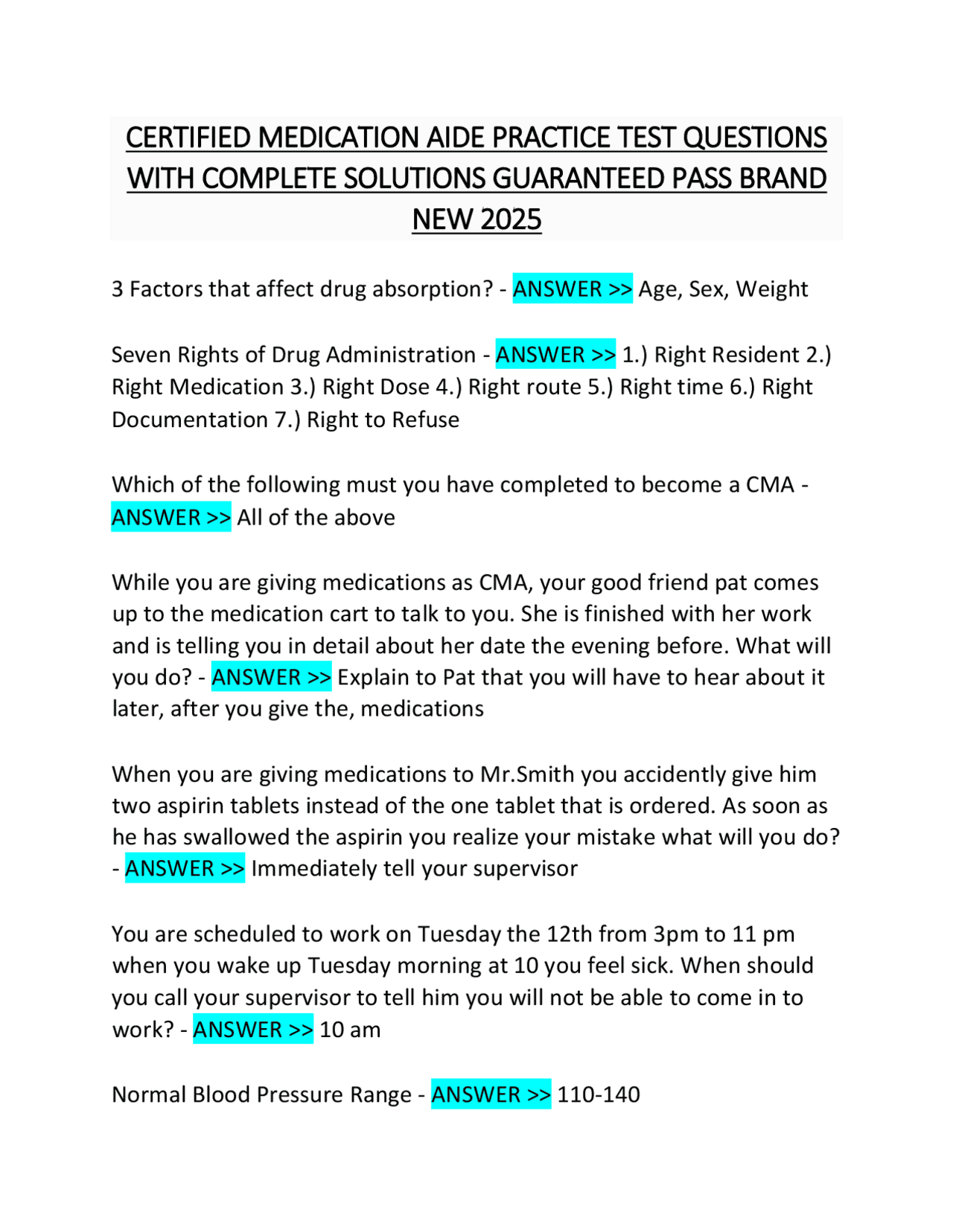 CERTIFIED MEDICATION AIDE PRACTICE TEST QUESTIONS WITH COMPLETE ...