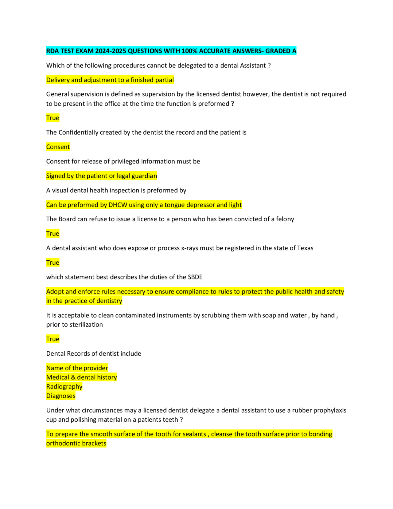 RDA TEST EXAM 2024-2025 QUESTIONS WITH 100% ACCURATE ANSWERS- GRADED A ...