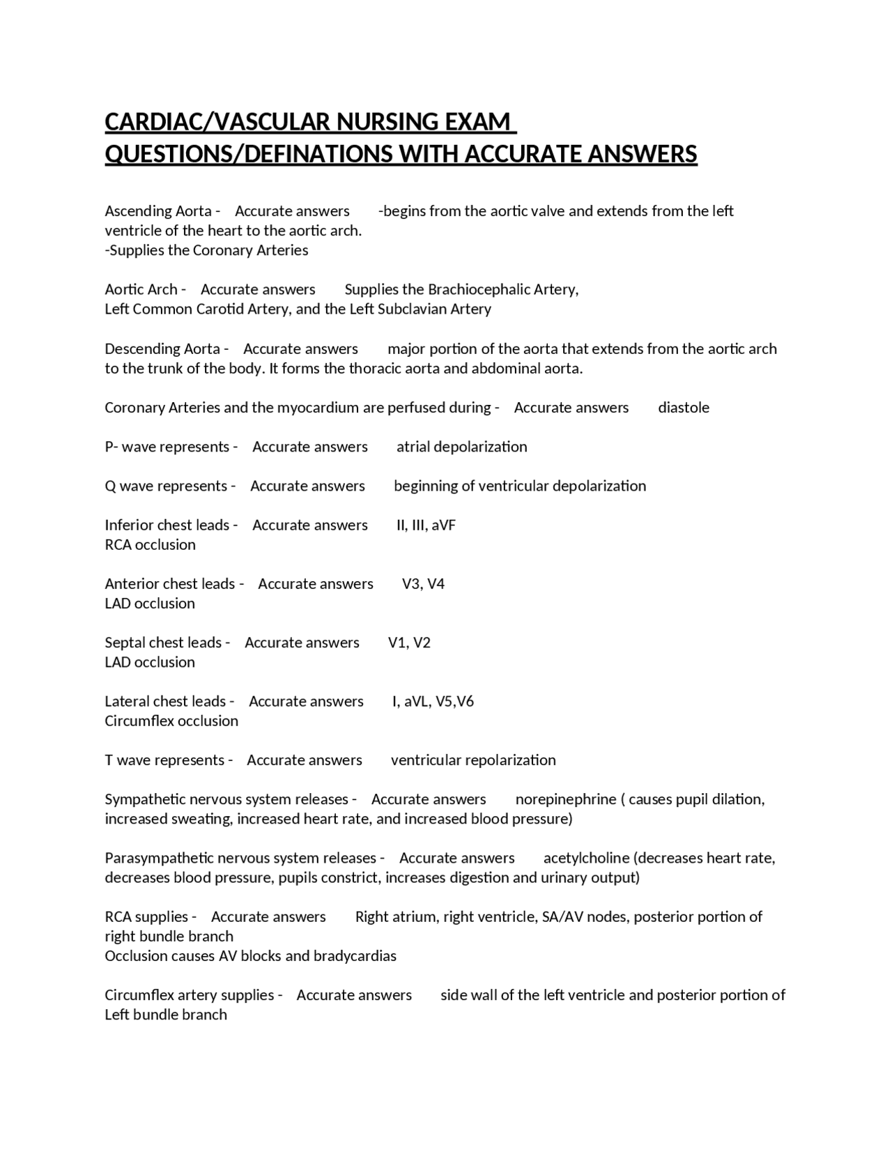 Cardiac/Vascular Nursing Exam Questions and Definitions with Accurate ...