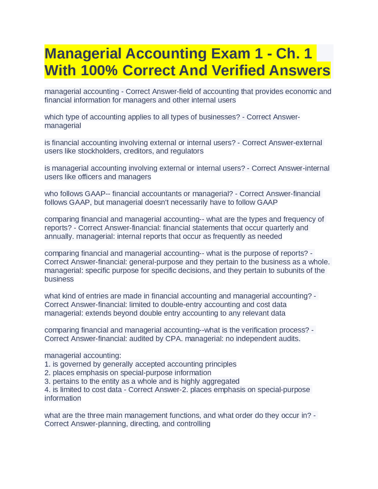 Managerial Accounting Exam 1 - Chapter 1: Introduction to Managerial ...