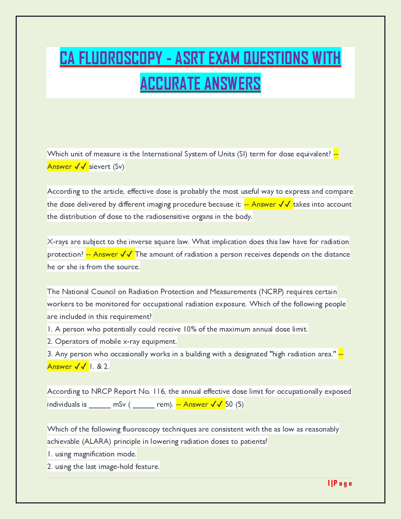 CA FLUOROSCOPY :ASRT EXAM QUESTIONS WITH ACCURATE ANSWERS. | Exams ...