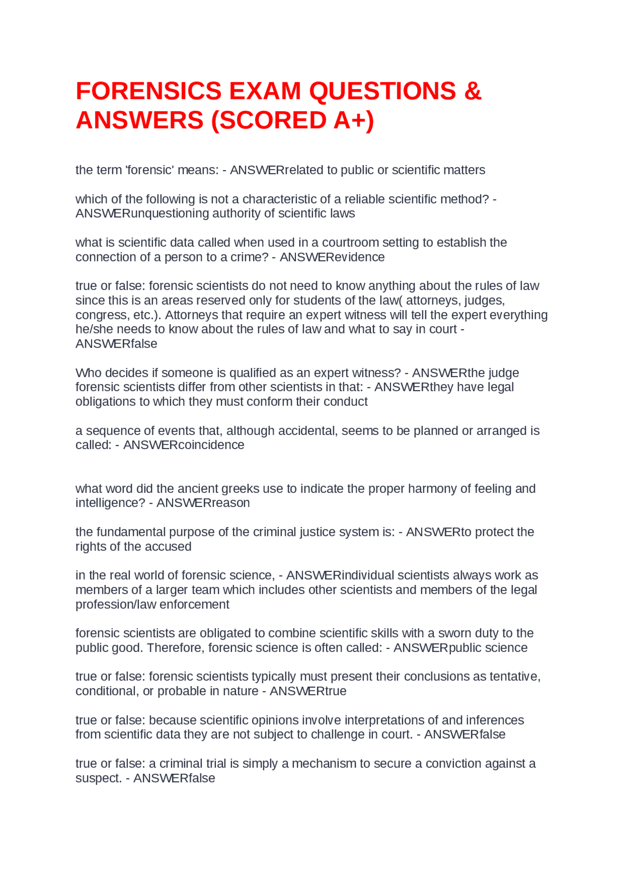 FORENSICS EXAM QUESTIONS & ANSWERS (SCORED A+) | Exams Forensics | Docsity