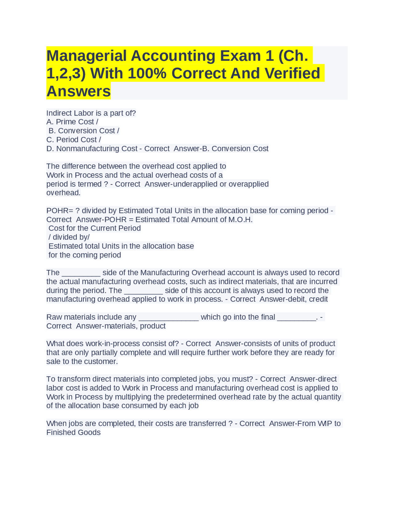 Managerial Accounting Exam 1 (Chapters 1, 2, 3) with Answers | Exams Advanced Education | Docsity