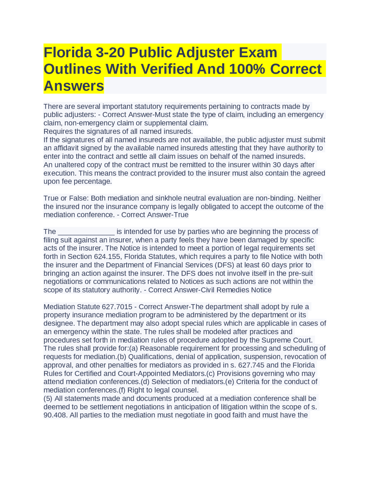 Florida 3-20 Public Adjuster Exam Outlines With Verified And 100% ...