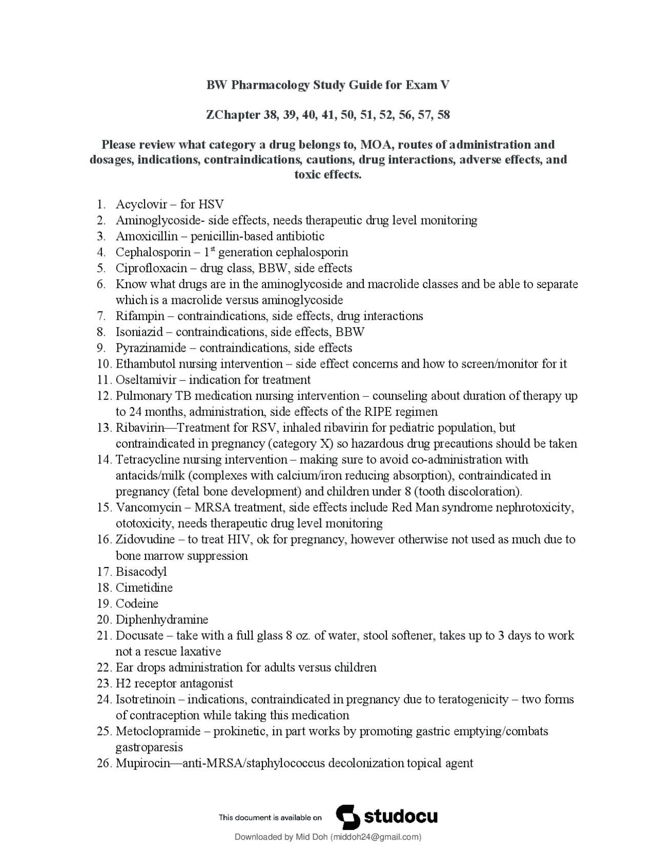 Pharmacology Study Guide for Exam V: Key Drugs and Concepts - Prof ...