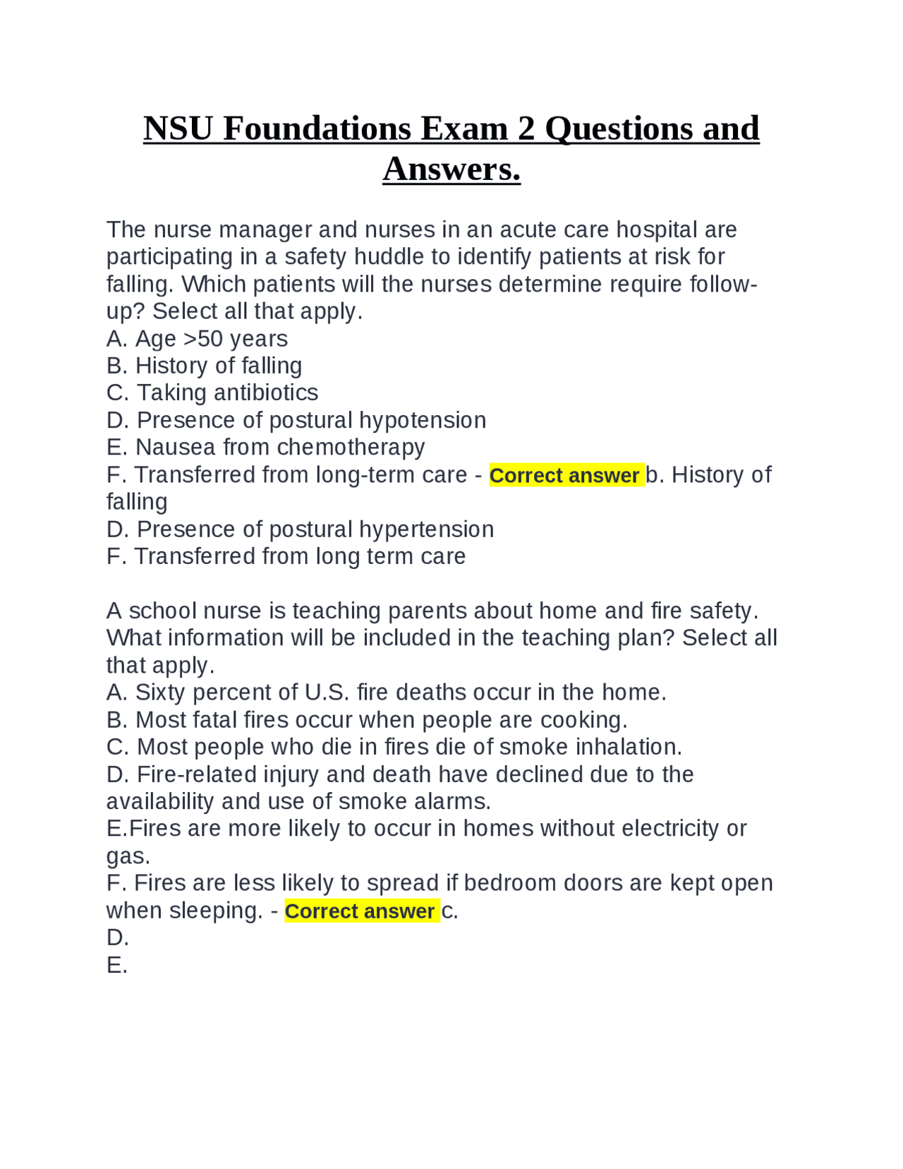 NSU Foundations Exam 2 Questions and Answers. | Exams Nursing | Docsity