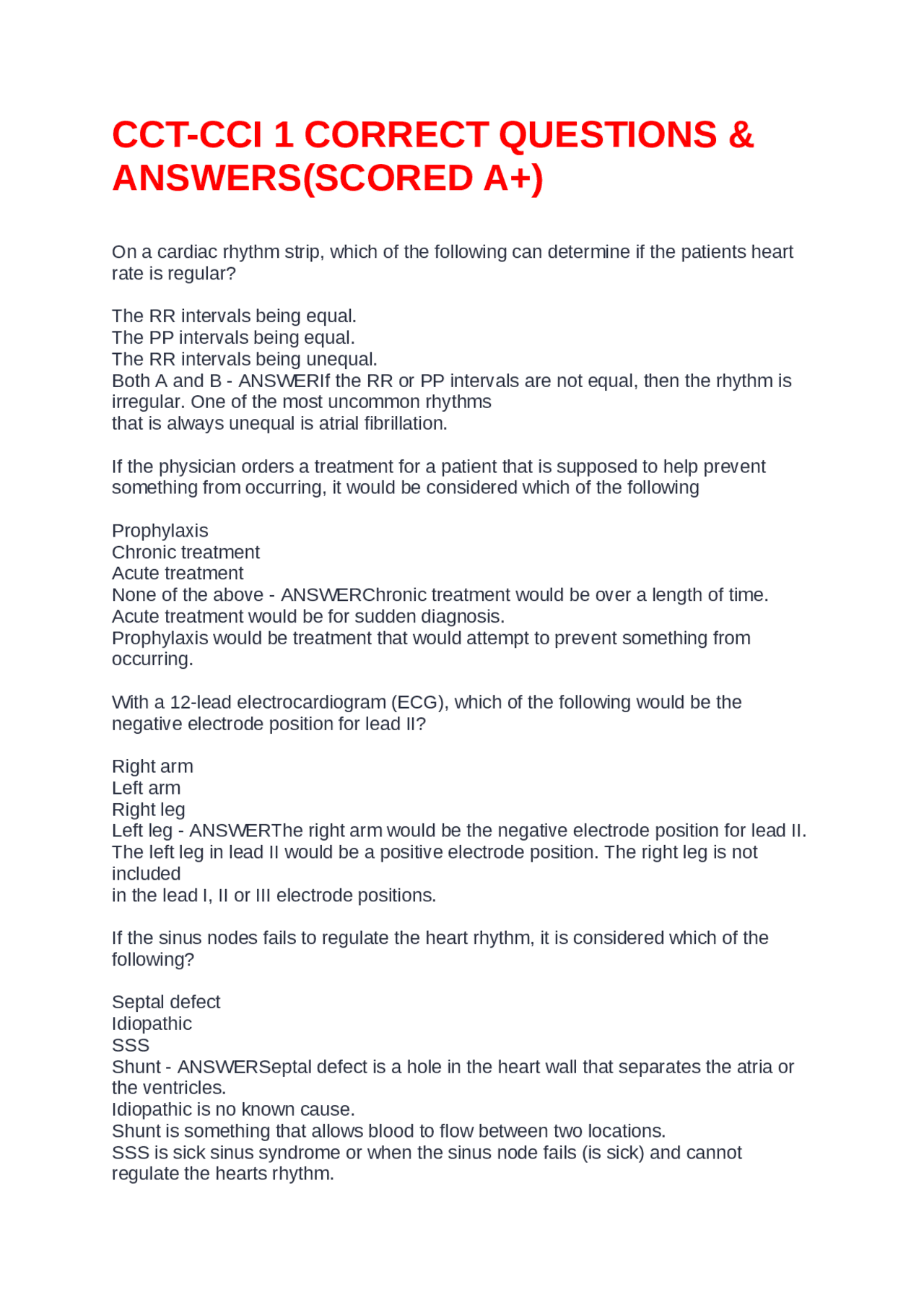 CCT-CCI 1 CORRECT QUESTIONS & ANSWERS(SCORED A+) | Exams Nursing | Docsity